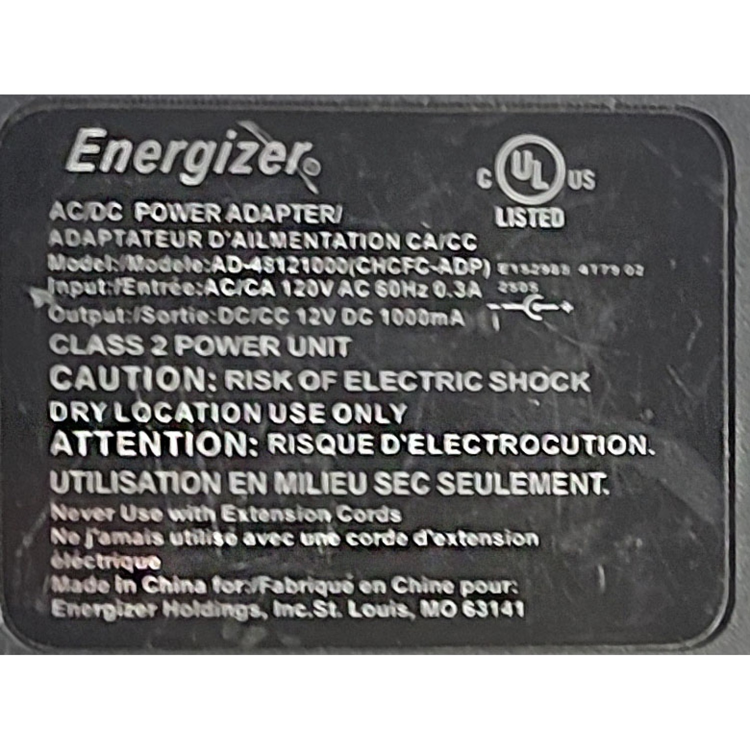 ADAPTADOR AC ENERGIZER / NUMERO DE PARTE AD-48121000(CHCFC-ADP) / INPUT ...